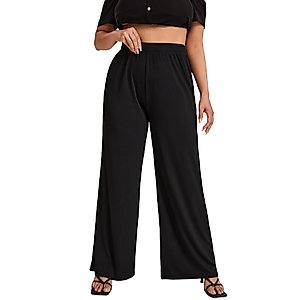 WDIRARA Women's Plus Size Wide Leg Palazzo Pants Elastic High Waisted Loose Trousers Black 1XL