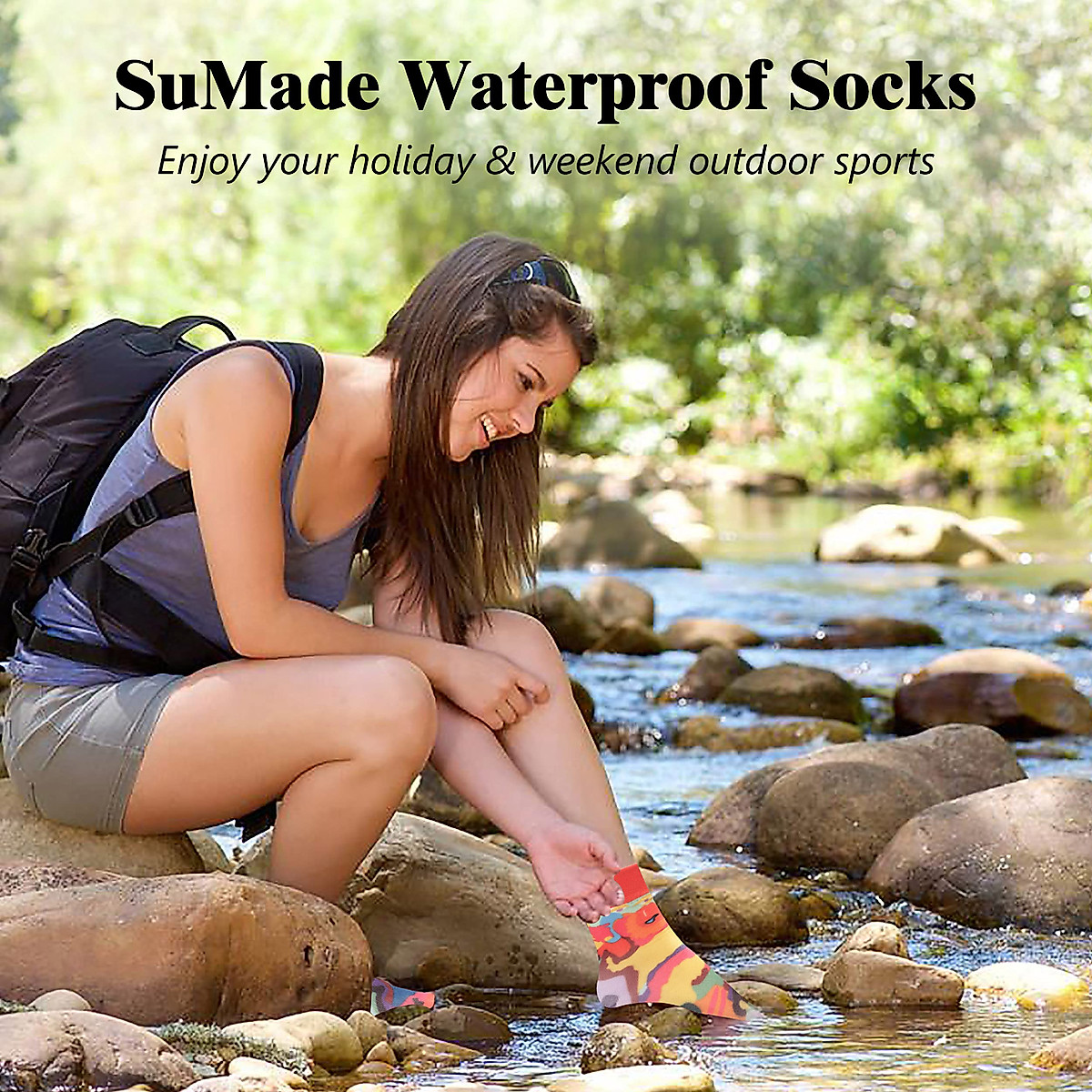 SuMade Waterproof Kayaking Socks, Men Women Ultra Thin Breathable Sweat-Absorbing Training Socks Rain Outdoor Work Boot Lightweight Hiking Fishing Climbing Crew Socks (Black-Red Star, Medium)