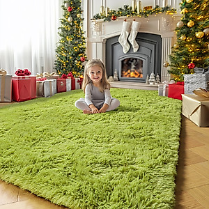 Grass Green Area Rug for Bedroom,4'X6',Fluffy Shag Rugs for Living Room,Furry Carpet for Kids Room,Shaggy Throw Rug for Nursery Room,Fuzzy Plush Rug,Green Carpet,Rectangle,Cute Room Decor for Baby