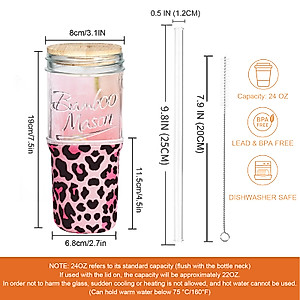 ANOTION Glass Cups with Lids and Straws - 24oz Ice Coffee Cup with Neoprene Sleeve, Drinking Glasses Tumbler Set of 2, Cute Bamboo Mason Jars, Glass Tumbler Travel Cup Smoothie Cup - Gifts for Women