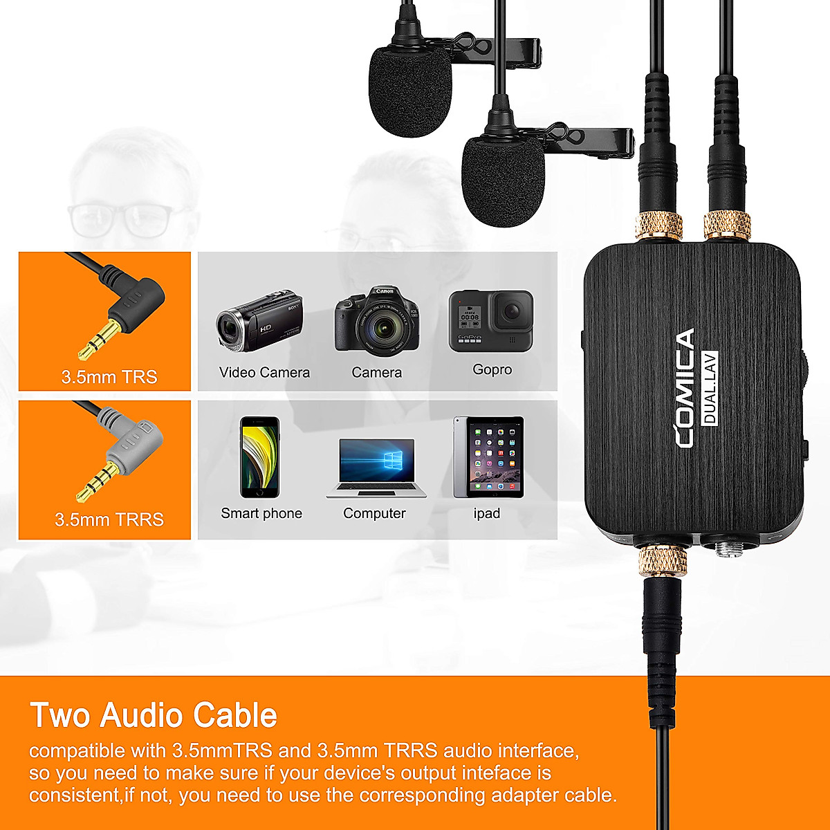 comica CVM-D03 Dual Lavalier Microphone, Professional Omnidirectional Clip-on Lapel Microphone for Canon Sony Panasonic Cameras, Smartphone, PC, Lav Mic for Video Recording Interview