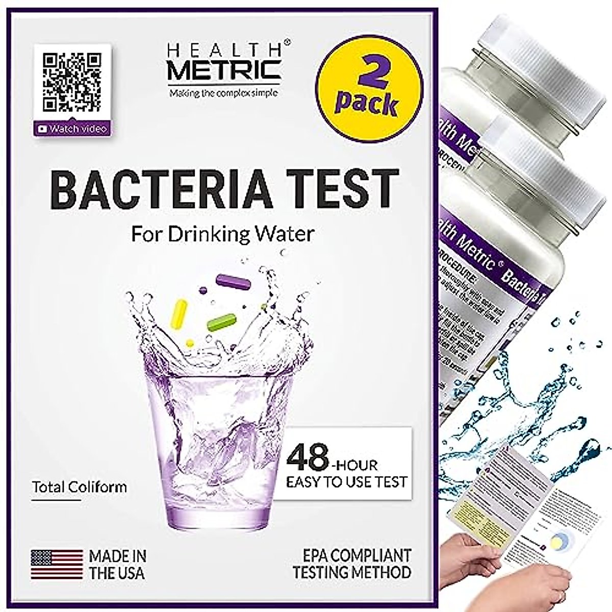 Coliform Bacteria Test Kit for Drinking Water - Easy to Use 48-Hour Water Quality Testing Kit for Home Tap & Well Water | EPA Approved Testing Method | Made in The USA | Incl. E Coli | 2-Pack