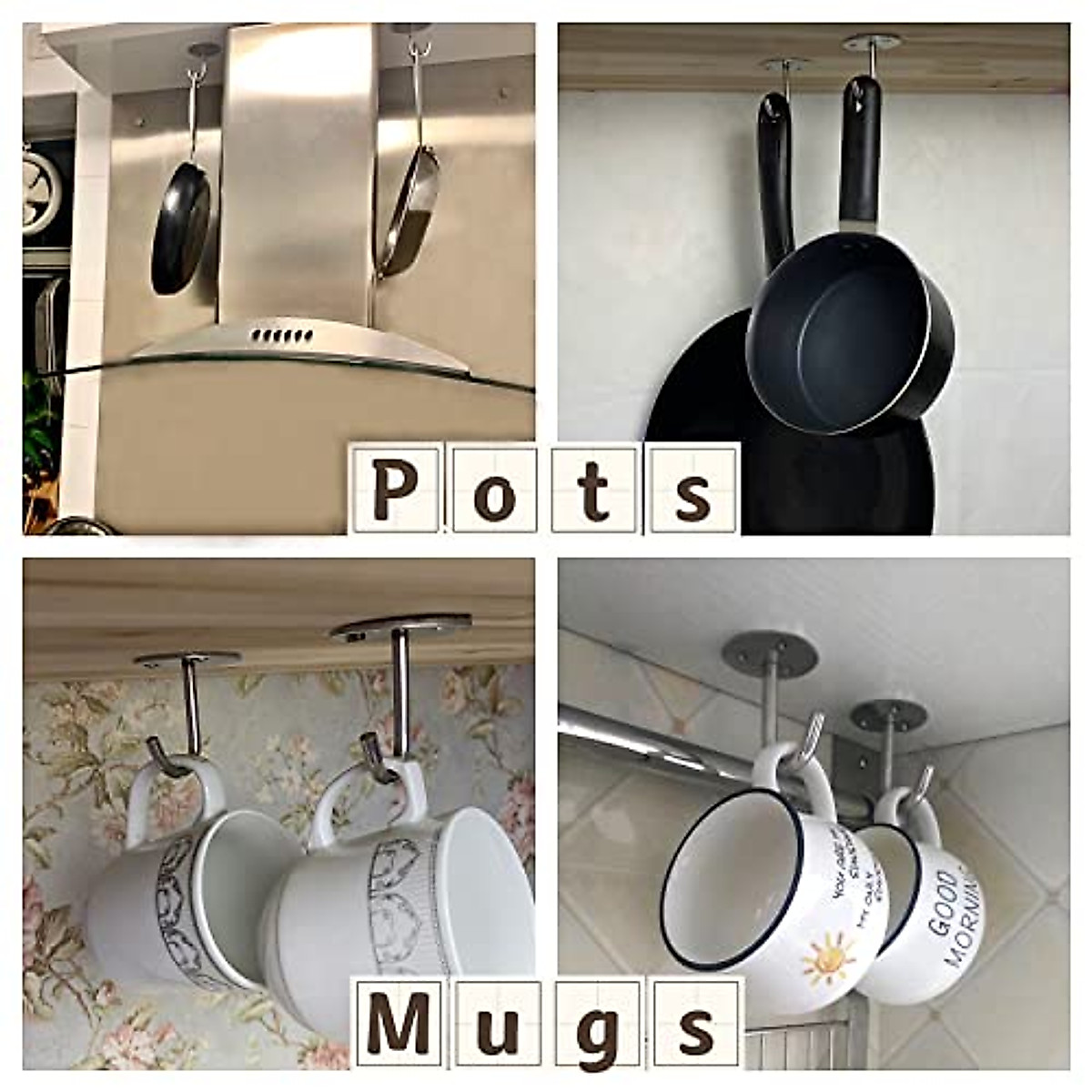 MIMOBEI Stainless Steel Utility Ceiling Hooks,60Lbs Ceiling Hooks Heavy Duty,Ceiling Hooks for Hanging Lights,Plants,Pots and Pans,Mugs,Ceiling Fan,Project Screen(4 Pack)