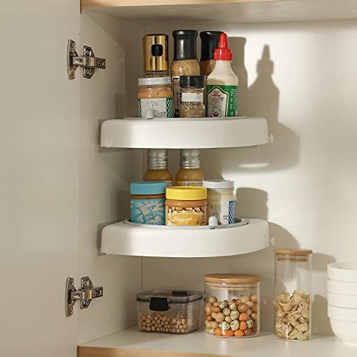 Feilifan Corner Shower Caddy, Plastic 360 Rotating Shower Organizer with Hooks, Bathroom Adhesive Shelf for Shower, Waterproof Shower Shelves for Washroom Toilet Kitchen, Max Hold 15 lbs, White