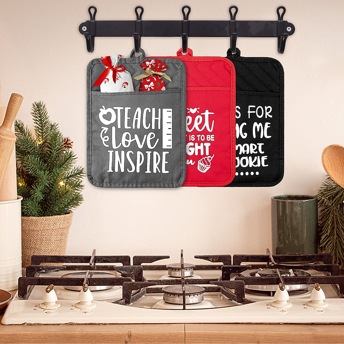 R HORSE 6Pcs Pot Holders Christmas Teacher Gift Thank You Present Potholder Funny Cookie Bag for Christmas Kitchen Hot Pads Machine Washable Heat Resistant Oven Mitt Baking Gift End of The Year Gift