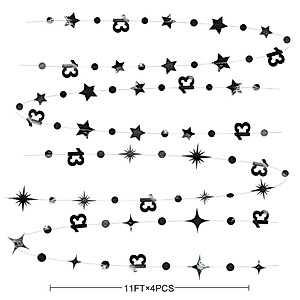 Black 13th Birthday Decorations Number 13 Circle Dot Twinkle Star Garland Metallic Hanging Streamer Bunting Banner Backdrop for Girls 13 Year Old Birthday Thirteen Official Teenager Party Supplies
