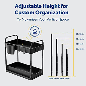 KPHALTH Under Sink Organizer Adjustable Height Under Sink Organizers and Storage 2-Tier Under Cabinet Storage Bathroom Organizer Sliding Drawer with Hooks Hanging Cup Kitchen Storage (Black-2 Pack)