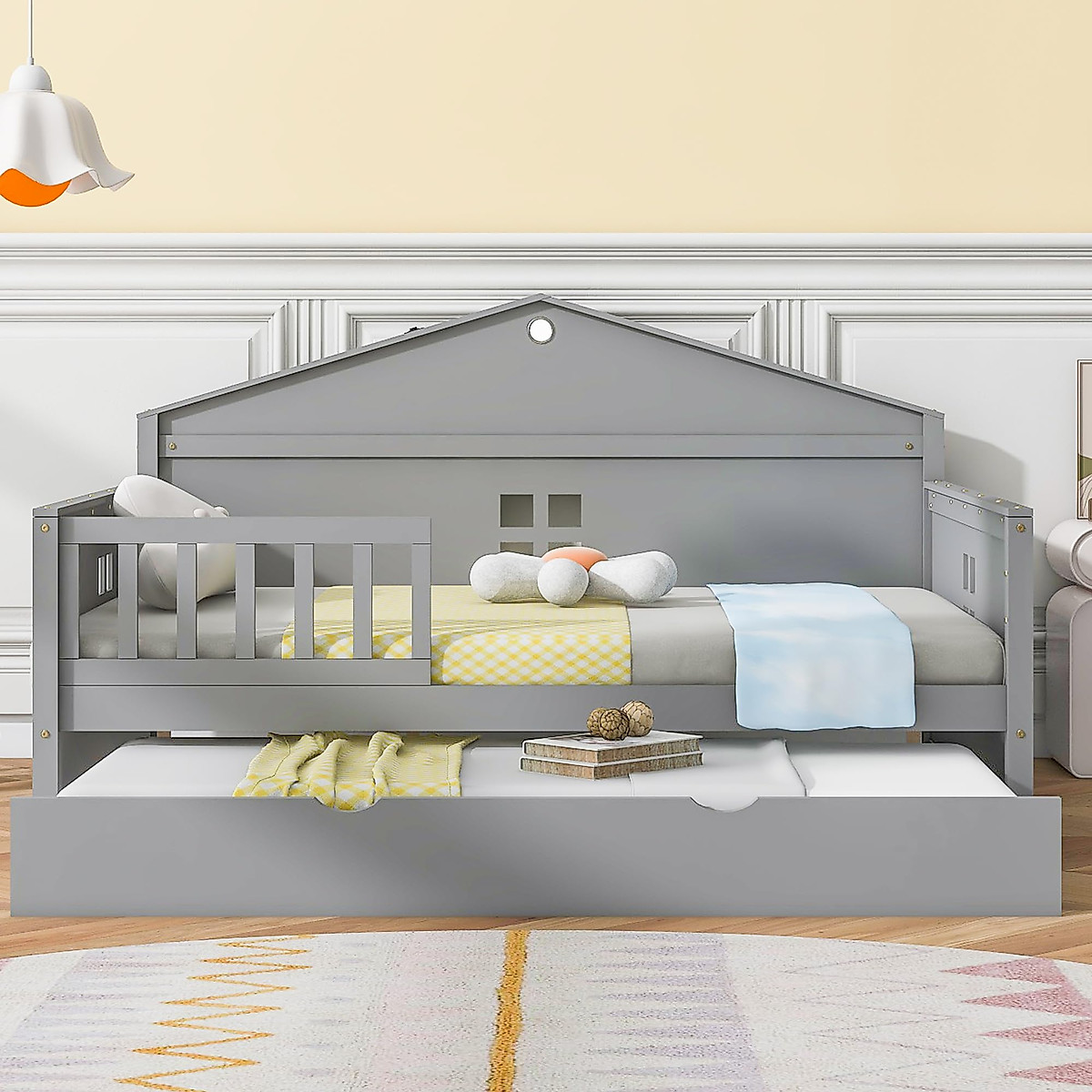Merax Full Size Wooden Daybed with Trundle and Sensor Light, House Shaped Daybed for Kids, Boys and Girls, No Box Spring Needed, Grey