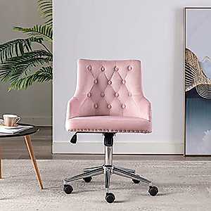 Pink Desk Chair Velvet Office Chair with Wheels Tufted Vanity Chair Fabric Task Swivel Armchair for Bedroom Living Room