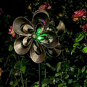 Solar Wind Spinner Magnolia Multi-Color Seasonal LED Lighting Solar Powered Glass Ball with Kinetic Wind Spinner Dual Direction for Patio Lawn & Garden