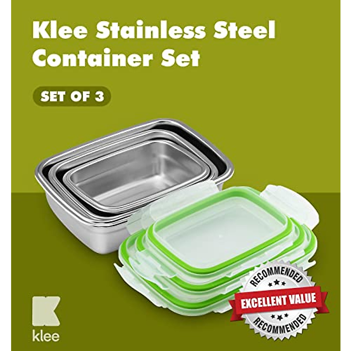 Klee Set of 3 Food Storage Containers with Airtight Lids (12oz,19oz, 28oz) - Premium 304 Stainless Steel Containers, Bento Boxes, Lunch Boxes, Meal Prep Containers for Kitchen, School, Office, Travel