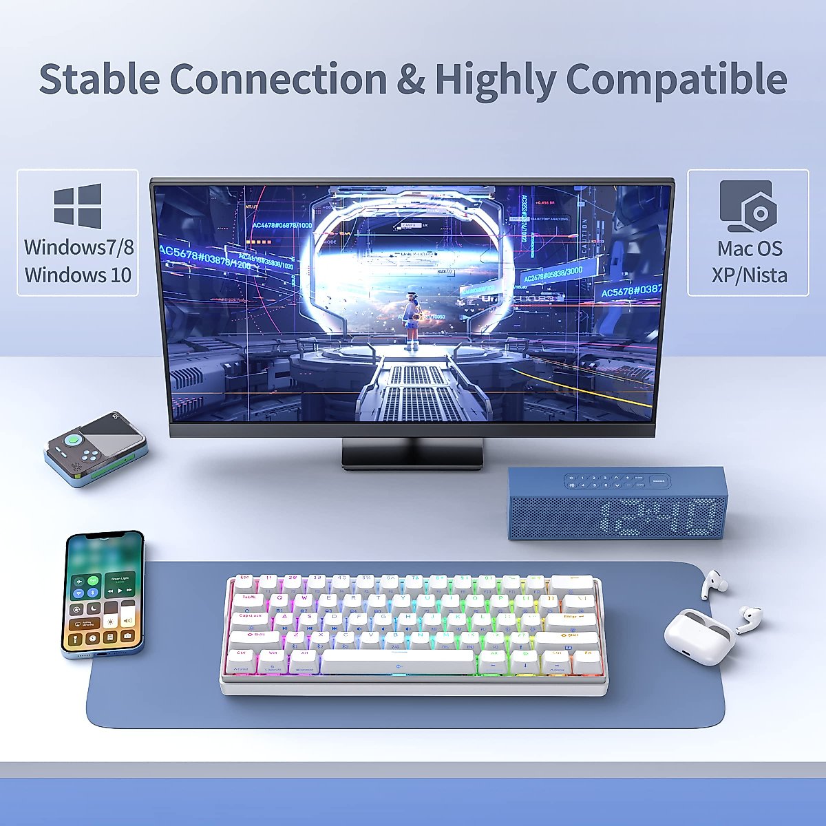KEMOVE Snowfox DK61 60% Wireless Mechanical Gaming Keyboard, 2.4G/Type-C/Bluetooth Keyboard, Hot Swappable RGB Backlit 61 Keys, Anti Ghosting/N-Key Rollover 3000mAH Battery, Yellow Switch/White