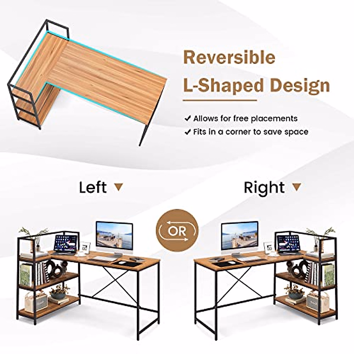 Tangkula Reversible L-Shaped Computer Desk, Space Saving Corner Desk with 3-Tier Storage Shelves & Metal Frame, Modern Executive Home Office Desk, PC Laptop Desk Workstation for Small Space (Walnut)