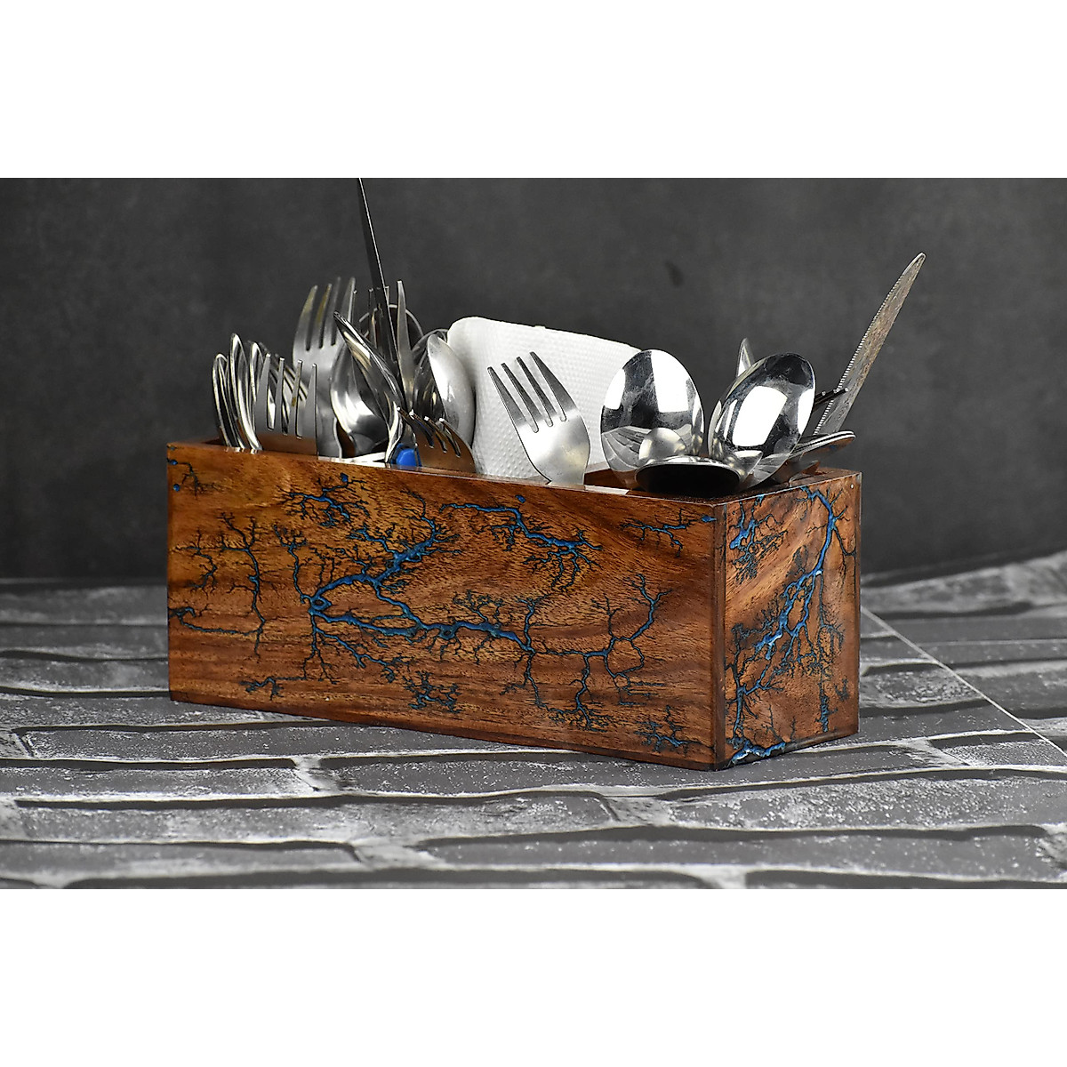 Utensil Caddy Silverware Cutlery Holder with 3 Compartment, Wooden Utensil Crock Flatware Organizers with Iron Stand, Rustic Kitchen Utensil Organizers for Farmhouse Kitchen and Countertop