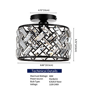 FRIDEKO HOME Light Fixtures Ceiling Mount - Black Hallway Light Fixtures Ceiling Crystal Semi Flush Mount Ceiling Light Bedroom Ceiling Lights for Kitchen Living Room Bathroom Porch