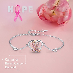 TUGHRA Breast Cancer Awareness Bracelet, 925 Sterling Silver Pink Ribbon Adjustable Chain Bracelet, Hope Jewelry Gifts for Women