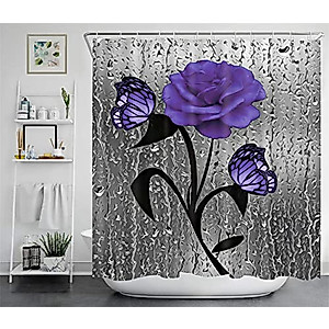 Floral Shower Curtains Butterfly Purple Rose Bathroom Shower Curtain with Non-Slip Rugs and Toilet Lid Cover Durable Bathroom Sets Medium Size