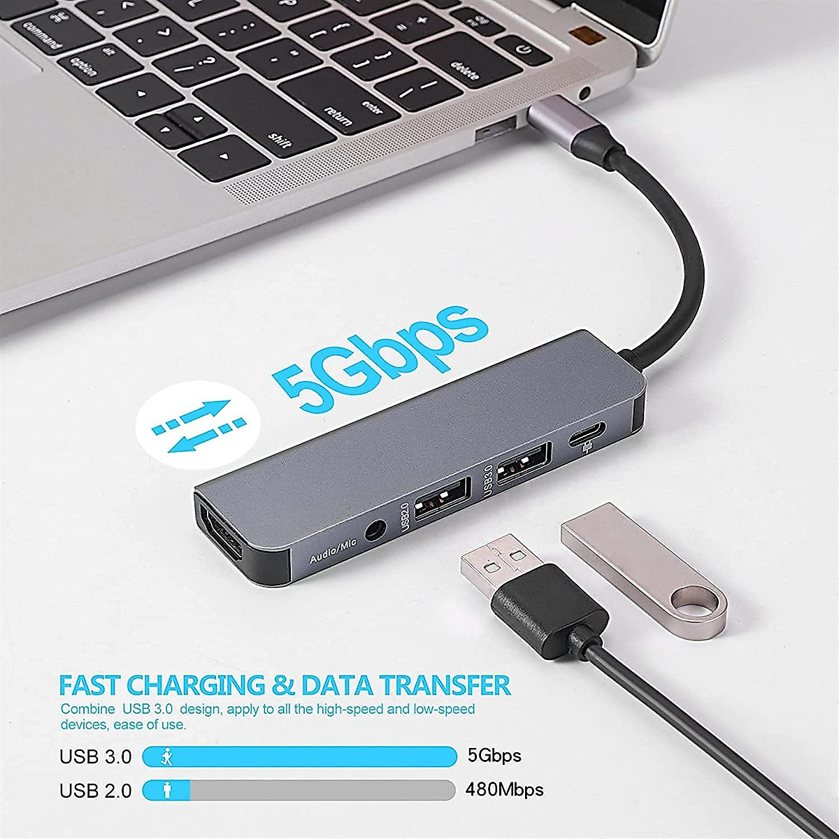 Type-c Docking Station, 5-in-1 Hub Usb3.0 3.5mm Audio Hdmi Pd Fast Charge Compatible with Windows Xp/Vista, Win 7/win8/win 10, Mac Os, Linux, Android (Silver) (Silver)