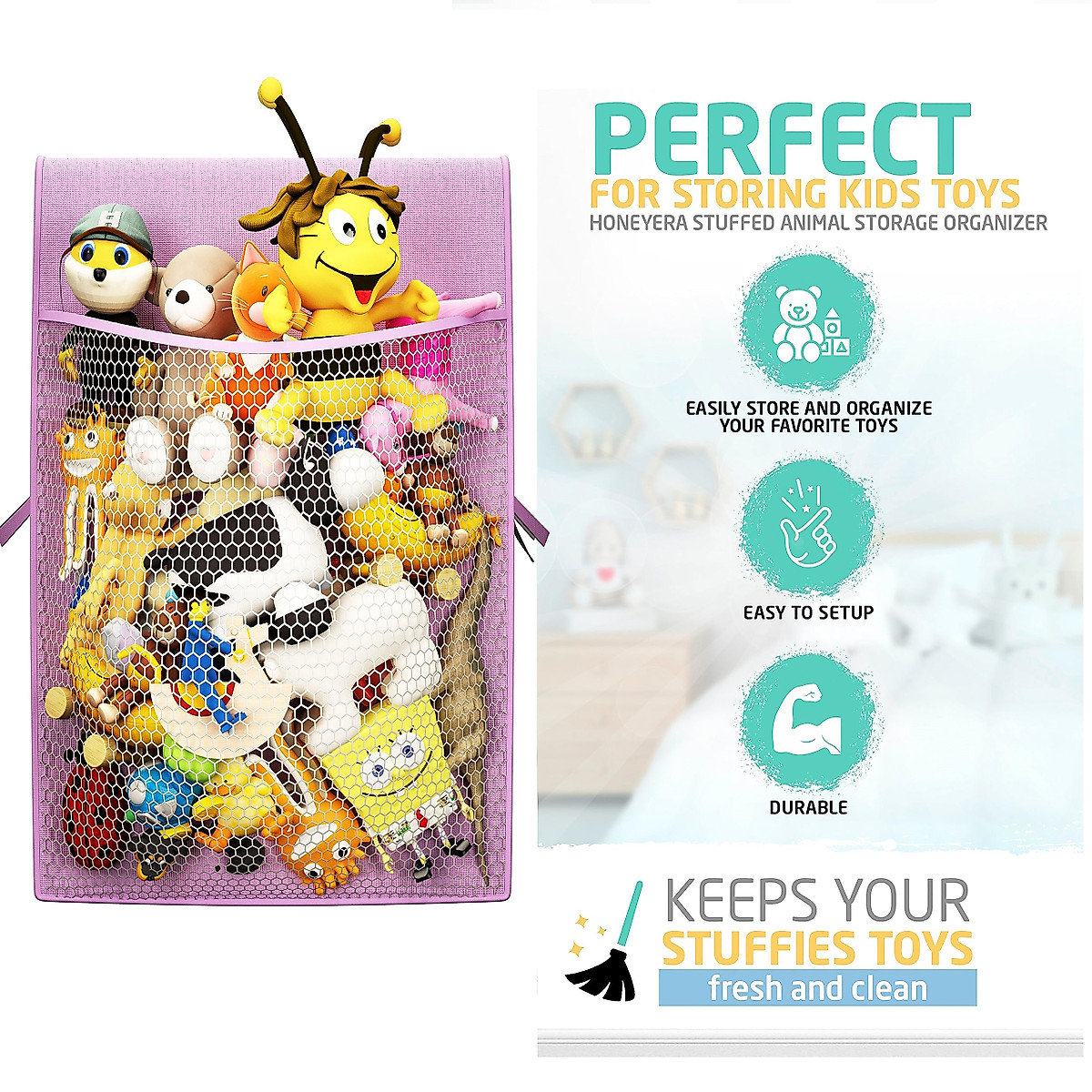 Stuffed Animal Storage Pocket for Closet and Chair Caddy Organizer for Stuffier, Baby Ideas Holder, Toy Plush Storage/Hammock Hanging Storage Net Big Girls Toddler Large Bag Animals Purple