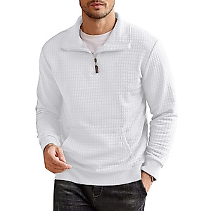 COOFANDY Men Quarter Zip Sweatshirt Long Sleeve Plaid Jacquard Pullover with Kangaroo Pokcet White