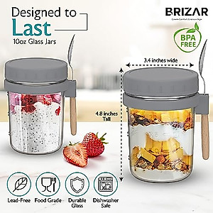 BRIZAR Overnight Oats Containers with Lids Glass - Airtight Overnight Oats Jars & Recipe Book - Overnight Oats Container for Food Storage, Oatmeal, Chia Pudding, Fruit, Yogurt - 2 Pack, 10 oz