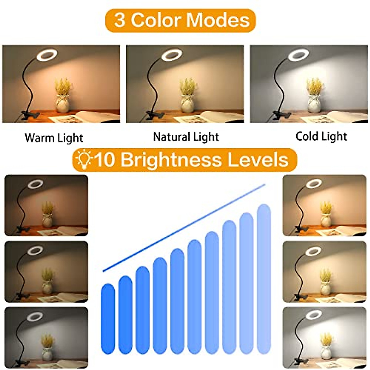 Clip on Light Reading Lamp for Bed, 4.7" USB Desk Light with Clamp 3 Lighting Modes10 Brightness, Eye Protection Book Clamp Light, 360° Flexible Gooseneck Table Light for Bed Headboard Makeup Eyebrow