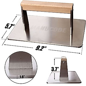 Manucode Stainless Steel Grill Press, Heavy-Duty Bacon Press with Wooden Handle, 9.25 x 5.7 Inches, Rectangular Steak Weight