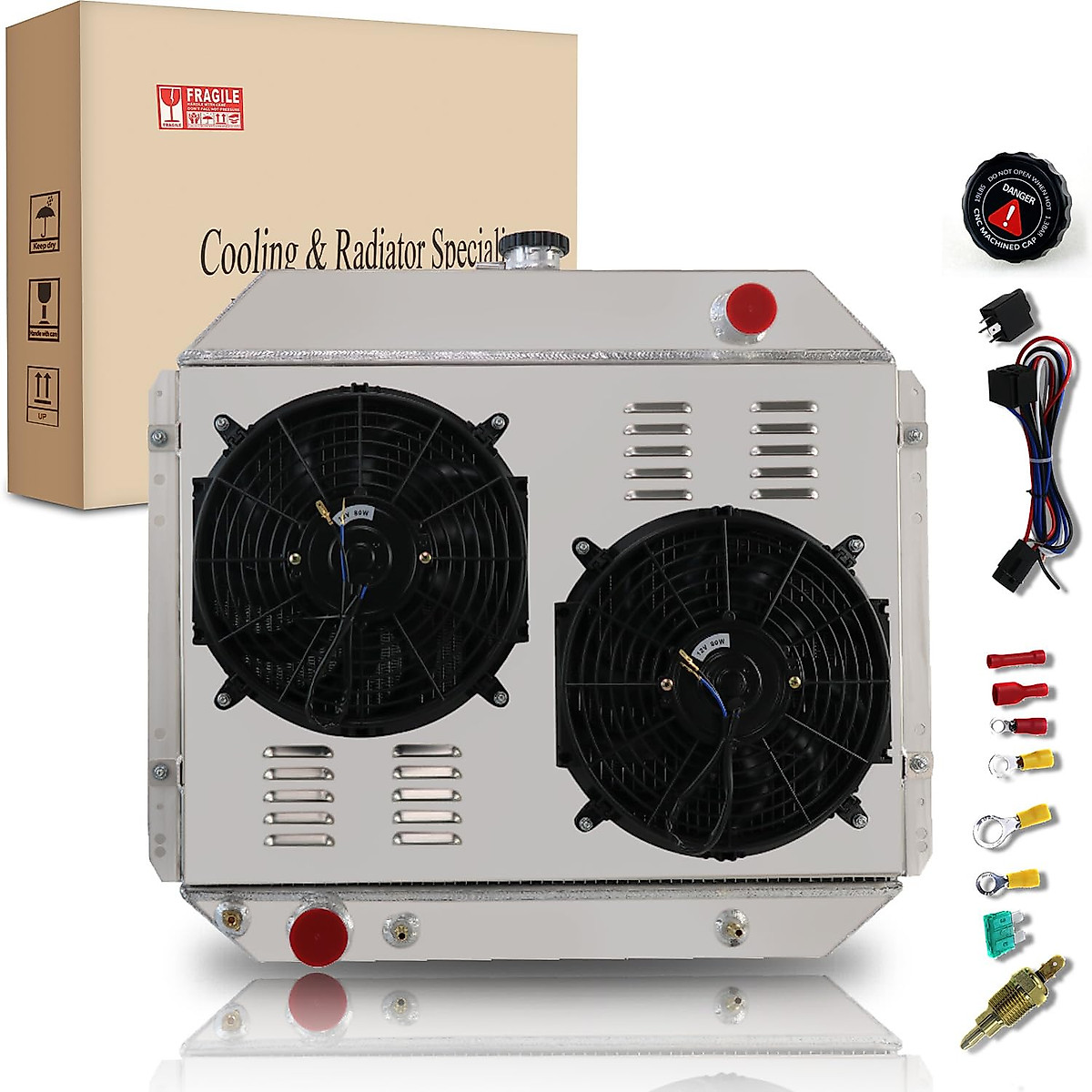 HonorPower 3 Row Core Aluminum Radiator for 1966-1979 Ford Bronco F100 F150 F250 F350 F500 Pickup Truck L6 V8 Engines All AA5052 Aluminum Radiador + 2 X 12 Fan W/Shroud & Relay