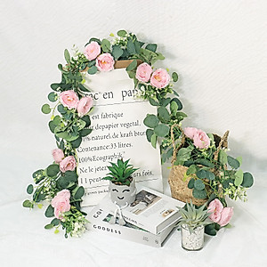 TOCHGREEN 2 Pack 13Ft Artificial Eucalyptus Flower Garland with Pink Roses, Fake Rose Flower Greenery Garland Floral Vines for Wedding Home Party Table Runner Decor (2PCS, Pink)