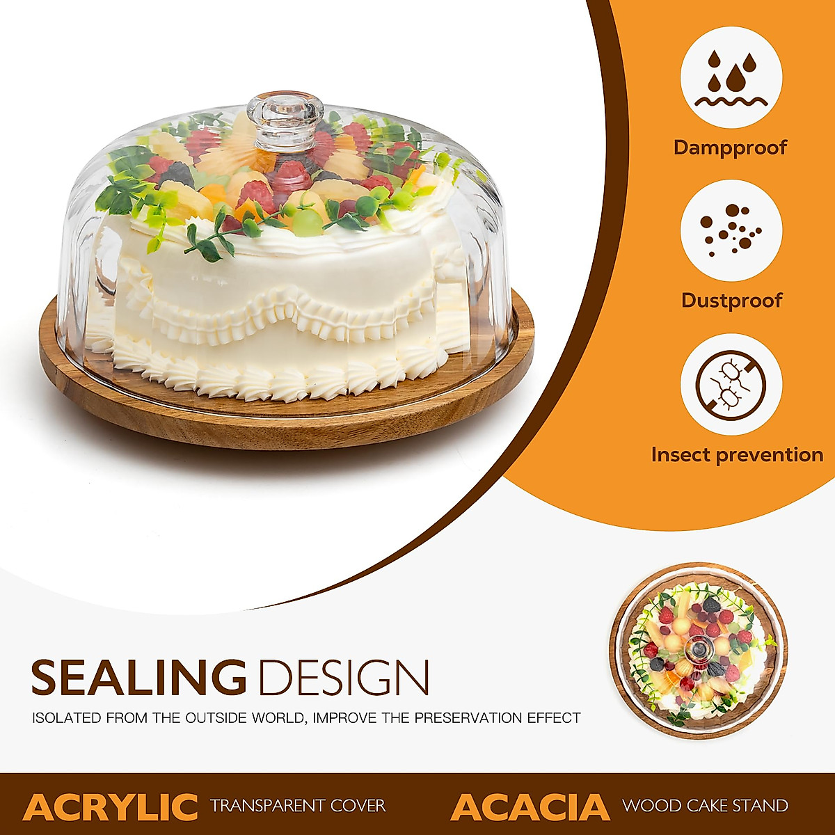 Vacream Rotating Cake Stand with Dome,Acacia Wooden Cake Plate with Acrylic Lid, Wood Lazy Susan with Cover, Cake Stand for Party,Birthday,Parties,Baking Gifts(12 Inch with Dome)