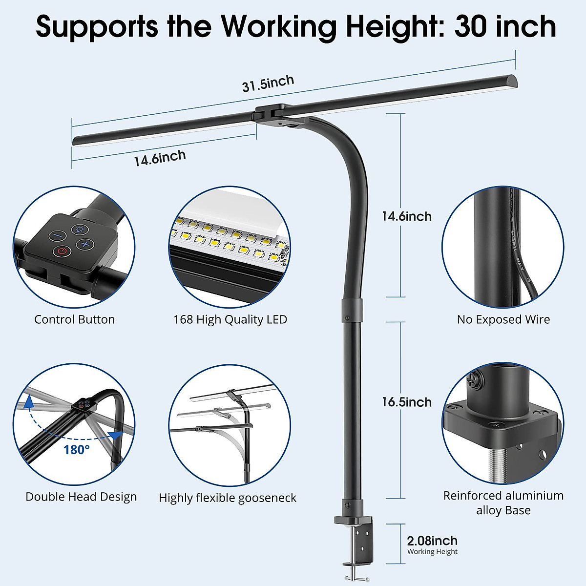 Zrfmib LED Desk Lamp, 24W Double Head Desk Lamp with Clamp, Modern Eye Caring Architect lamp with 5 Color Modes and 5 Dimmable, for Workbench, Monitor, Reading, Home Office