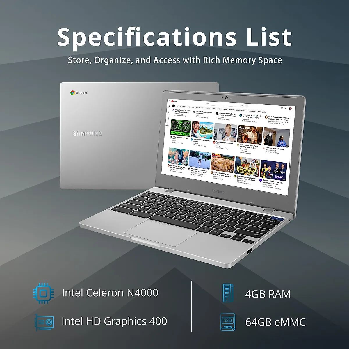 SAMSUNG Galaxy Chromebook 4 11.6” 64GB Laptop Computer w/ 4GB RAM, Gigabit WiFi, HD Intel Celeron Processor, Compact Design, Military Grade Durability, US Version, Silver