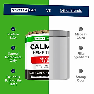 STRELLALAB Vet Formulated Hemp Calming Chews for Dogs - Anxiety Relief Calming Treats - Advanced Melatonin Pet Calm - Natural Sleep Aid & Stress, Separation Anxiety Relief - 120 Treats - Bacon