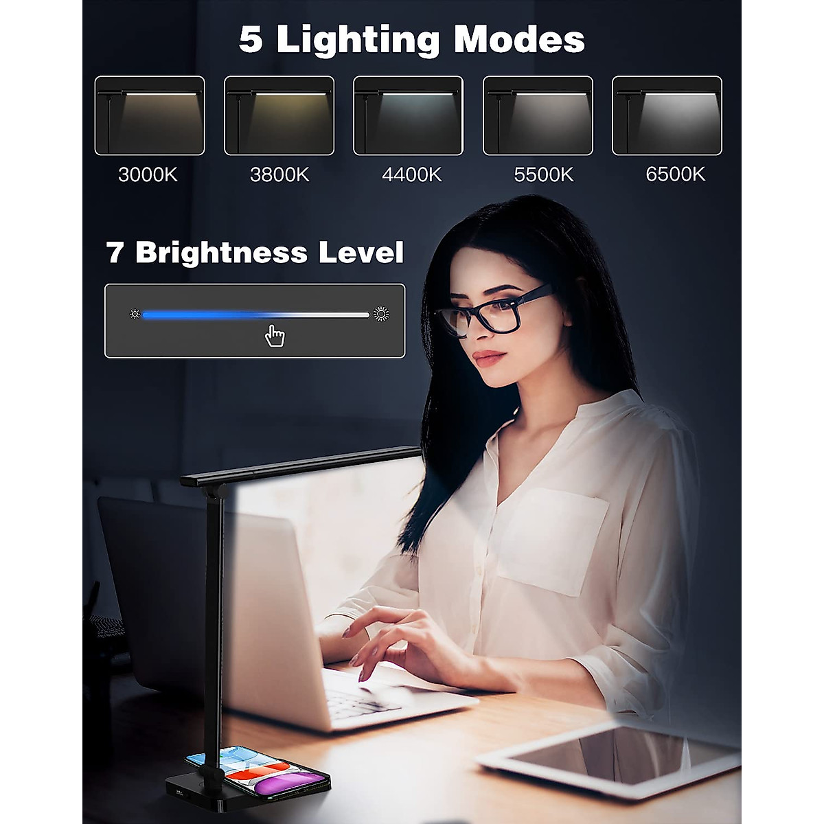 AGEARSUK LED Desk lamp, Desk Lamp with USB Charging Port for Home Office, Dimmable Desk Lamp with Wireless Charger, Eye-Caring Reading Lamps, Touch Control Study Lamps for Dorm (Adapter Included)