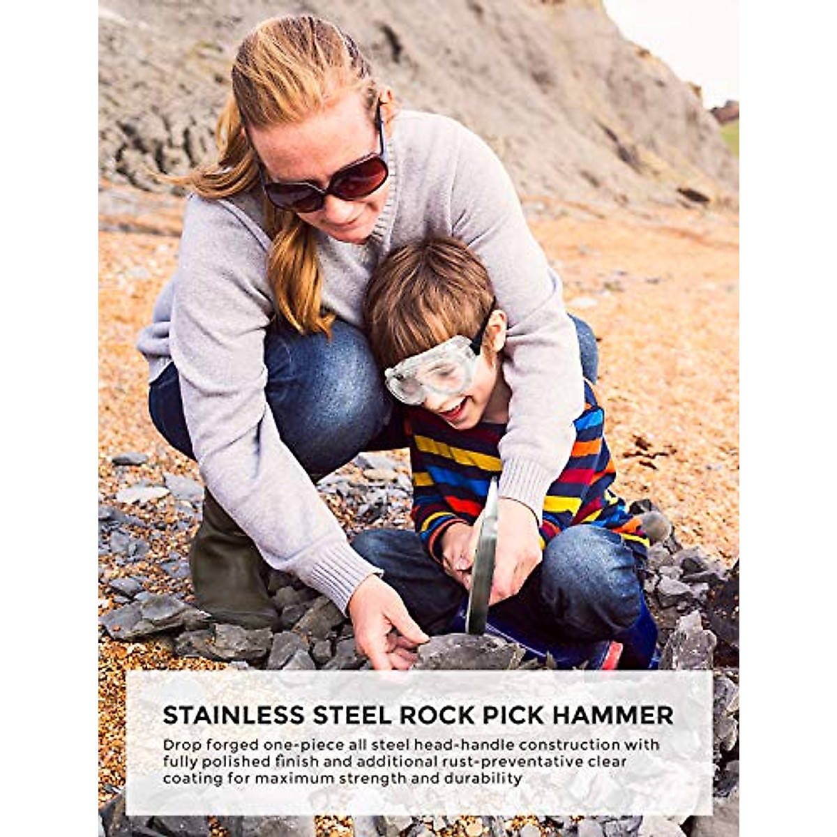 INCLY 7 PCS Geology Rock Pick Hammer Kit, with 22oz Hammer and 3 PCS Digging Chisels Set for Rock Hounding, Gold Mining & Prospecting Equipment Tool with Musette Bag, jewelers loupe, Gloves