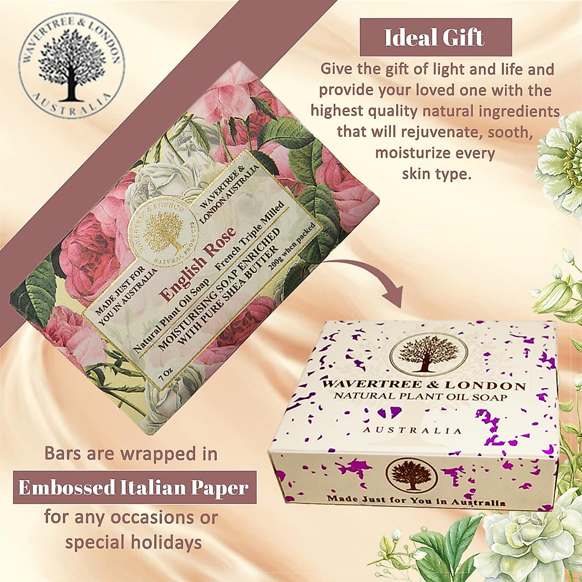 Wavertree & London English Rose Scented Natural Soap (2 Bars), 7oz Moisturizing French Triple Milled Soap Bars enriched with shea butter - Pure Plant Oil Bath & Body Soap for All Skin Types