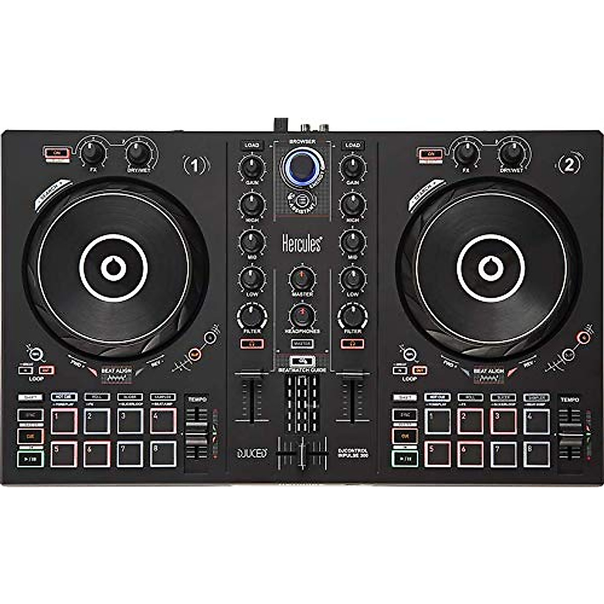 Hercules DJ Control Inpulse 300 | 2 Channel USB Controller, with Beatmatch Guide, DJ Academy and Full DJ Software DJUCED Included
