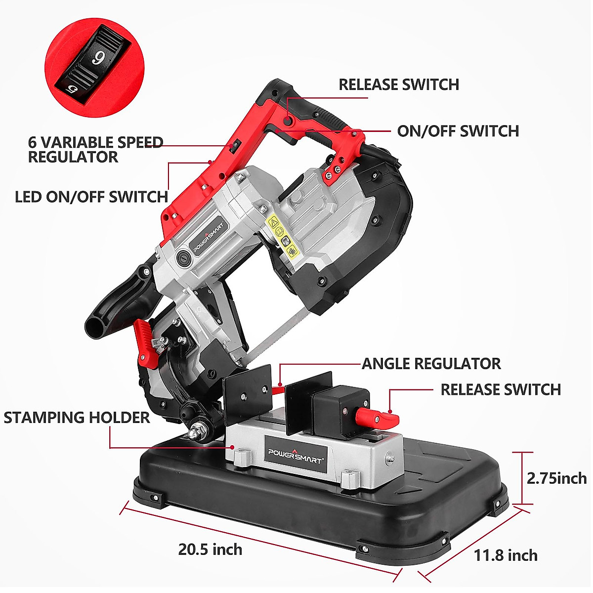 PowerSmart Portable Band Saw with Removable Alloy Steel Base, 10Amp 1100W Motor 5-Inch Deep Cut Bandsaw for Metal