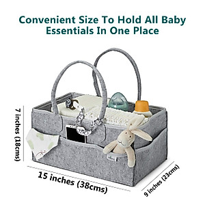 NEENY Baby Diaper Caddy Organizer – Portable Changing Table Storage Basket – Soft Felt Grey Nappy Bag Adjustable Compartments – Wipes Bottle Nursing Home & Car Travel – FREE Cotton Bib & Pacifier Clip
