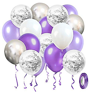 Purple White Silver Balloons 50pcs, 12 Inch Silver Confetti Balloons Latex Balloons with Purple Ribbon for Birthday Party Decoration Baby Shower Decorations