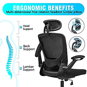 KERDOM Ergonomic Office Chair, Breathable Mesh Desk Chair, Lumbar Support Computer Chair with Headrest and Flip-up Arms, Swivel Task Chair, Adjustable Height Gaming Chair(Black)