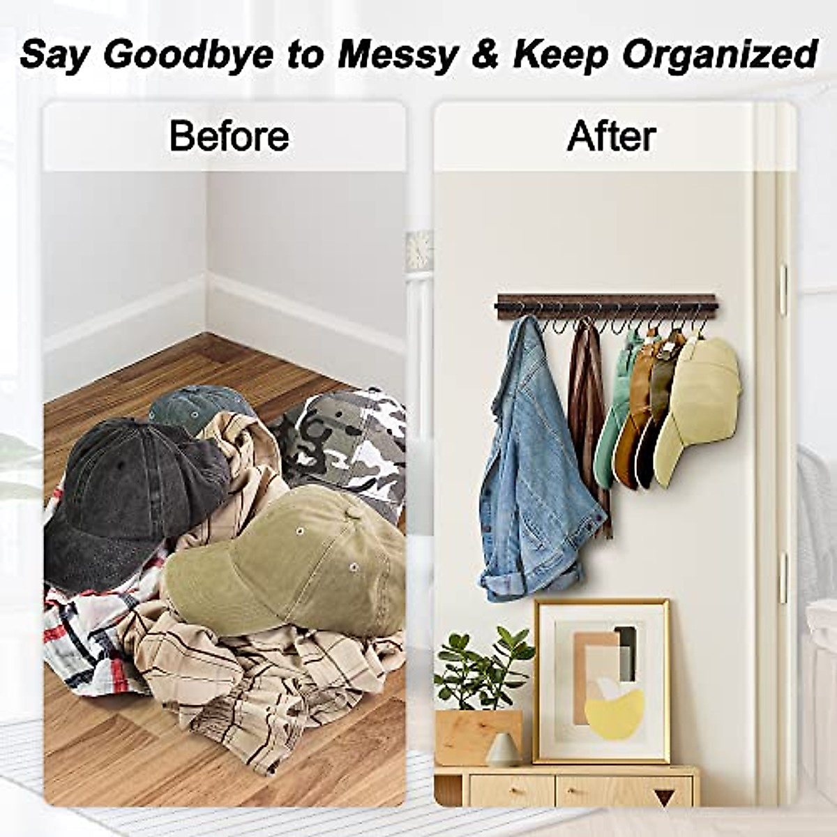 Yiiwinwy Hat Rack for Wall Baseball Caps Organizer Wall-Mounted Hat Hanger Set of 2, Retro Wooden Hat Organizer for Door Closet, Cowboy Hats Holder Bedroom Entryway Storage Racks with 20 Hooks(Brown)