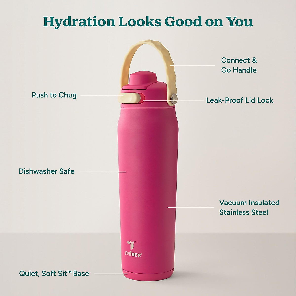 REDUCE Aura Vacuum Insulated 26 oz Water Bottle - Leak-Proof & Chug Spout for Quick Hydration - Keeps Drinks Cold for 30 Hours - Removable Handle for Travel or Gym - Soft Sit Base - Dragonfruit