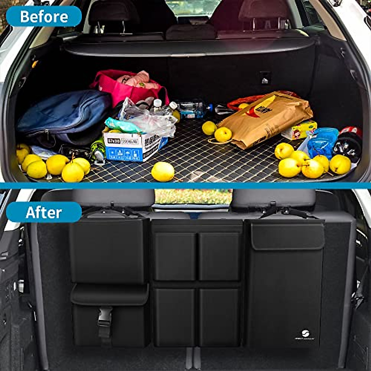 Car Trunk Organizer with Cooler, Hanging Car Organizers and Storage with Large Pockets, Zippers Detachable Seat Back Organizers Storage, Waterproof Car Storage Trunk Organizer for Jeeps, SUVs, Black