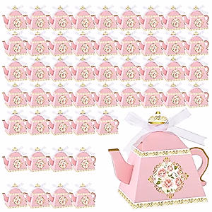 Fuutreo 50 Pcs Vintage Floral Teapot Box Flower Tea Party Gift boxes Teapot Candy Box tea Time party decorations for Tea Garden Wedding Bridal Birthday Baby Shower (Pink)