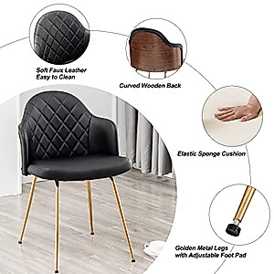 WUPOTO Dining Chairs Set of 2, Modern Upholstered Kitchen & Dining Room Chairs with Golden Metal Legs, Faux Leather Upholstery, Curved Back (Black1)
