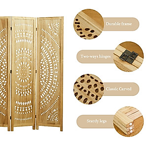 66.9Inch Folding Room Divider, 3 Panels Wood Carved Privacy Screens, Free Assembled Freestanding Partition for Home Office Restaurant Bedroom (Natural)