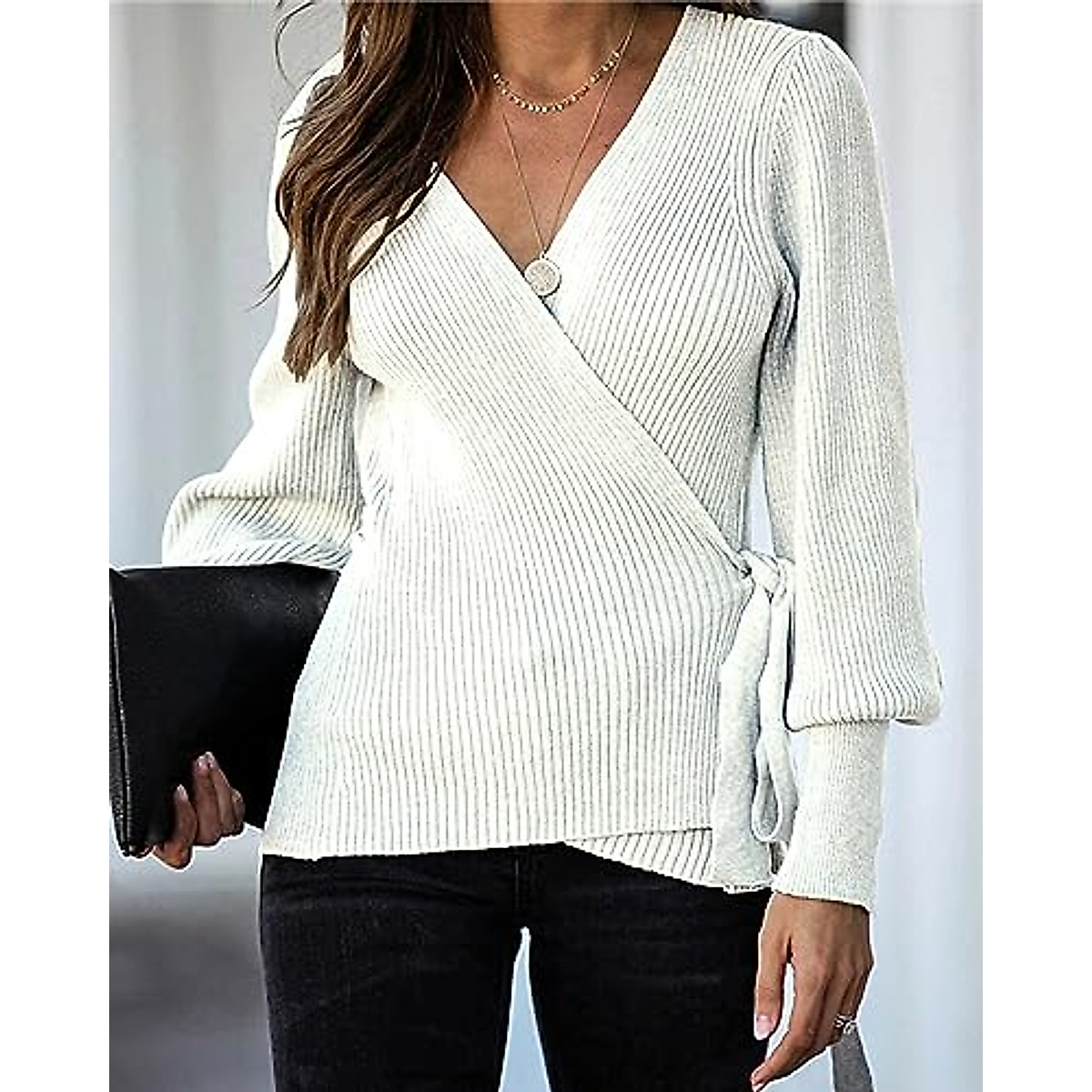 KIRUNDO 2023 Women's Fall Winter Wrap V Neck Sweater Balloon Sleeves Ribbed Knitted Pullover Tie Front Tunic Top Jumper(Small, Beige)