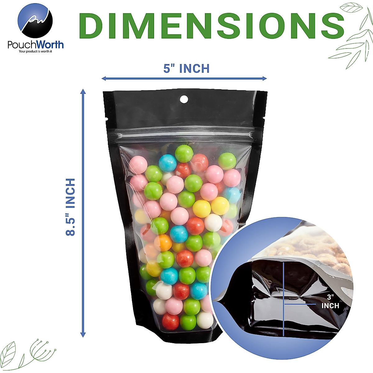 100 Pack 5"x8" Mylar Clear/Black Nylon Resealable Stand Up Bags Heat Seal Zipper Lock Reusable Storage Pouches for Zip Food Storage Lock Packaging with Tear Notches