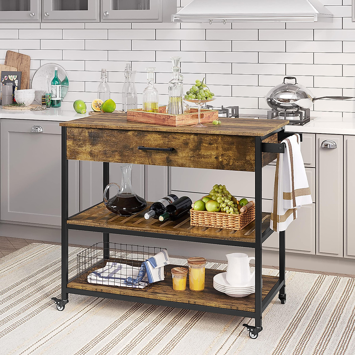 Topeakmart 40 Inch Mobile Kitchen Island Cart on Wheels for Home Kitchen, 40 Inch Rolling Utility Trolley Cart with Drawer and Storage Shelf, 3-Tier Large Kitchen Work Table Dining Cart, Rustic Brown